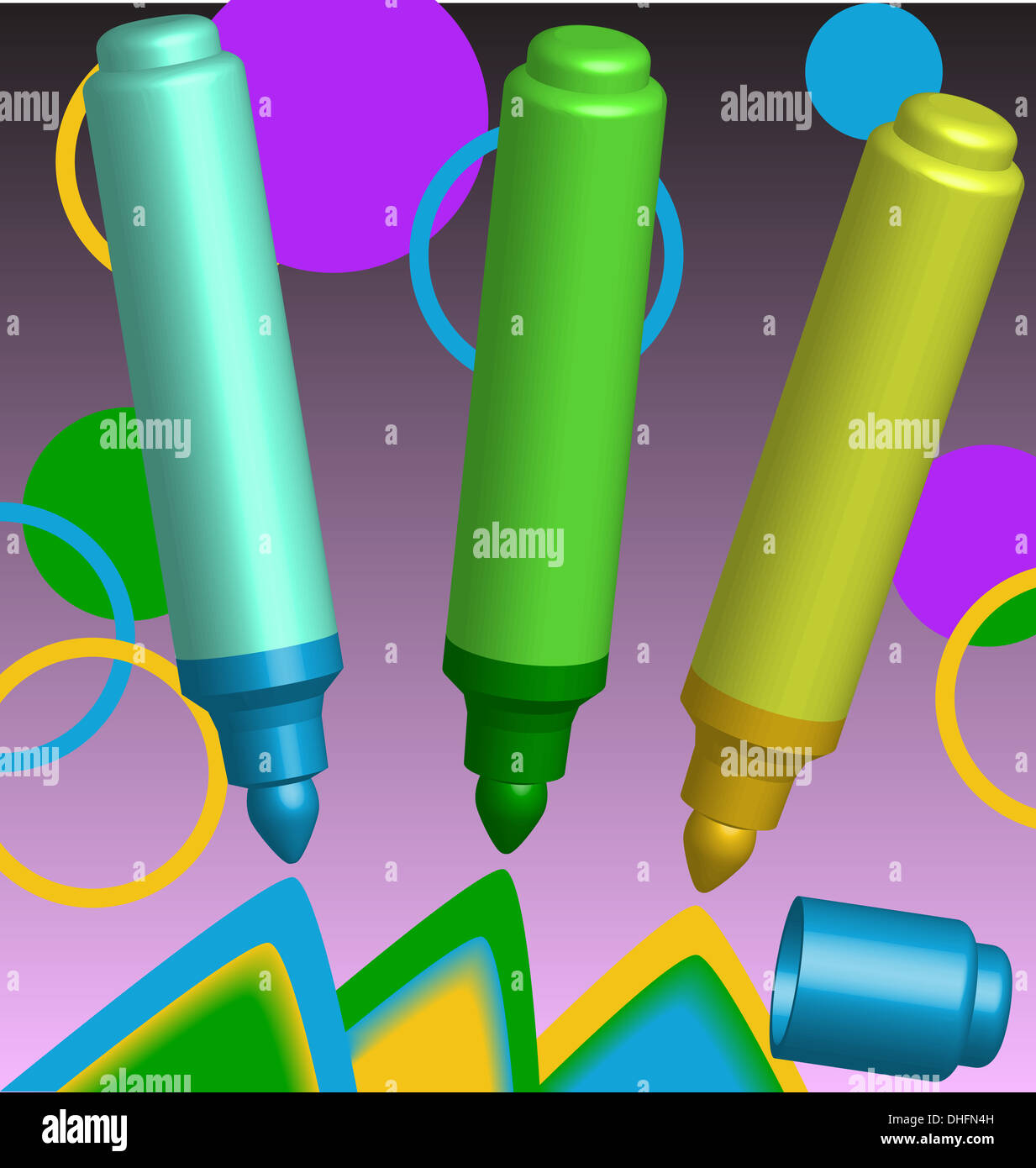 Three multi-coloured opened markers and cap on an abstract background ...