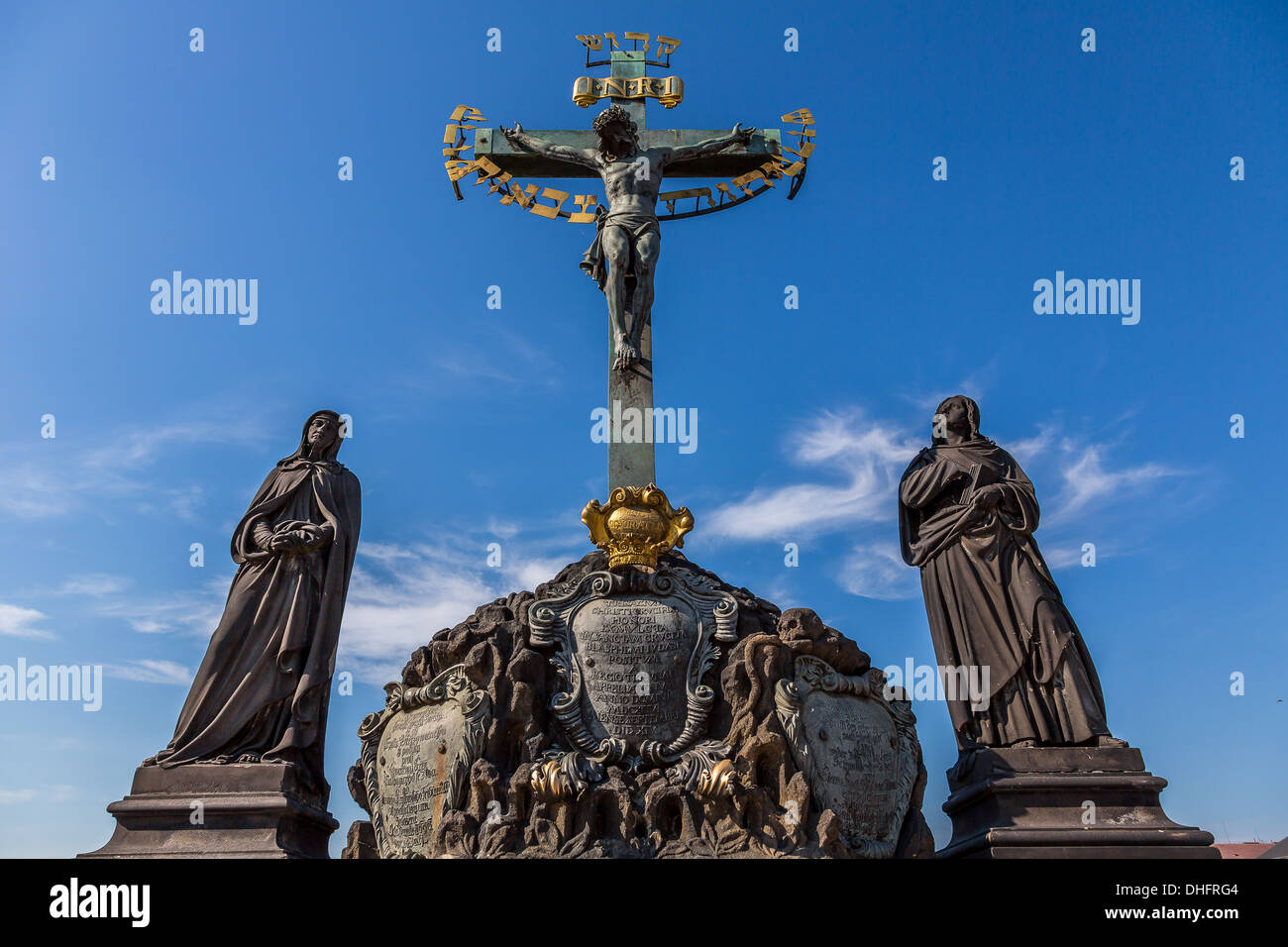 17th Century Crucifixion statue with Hebrew lettering in Charles Bridge ...