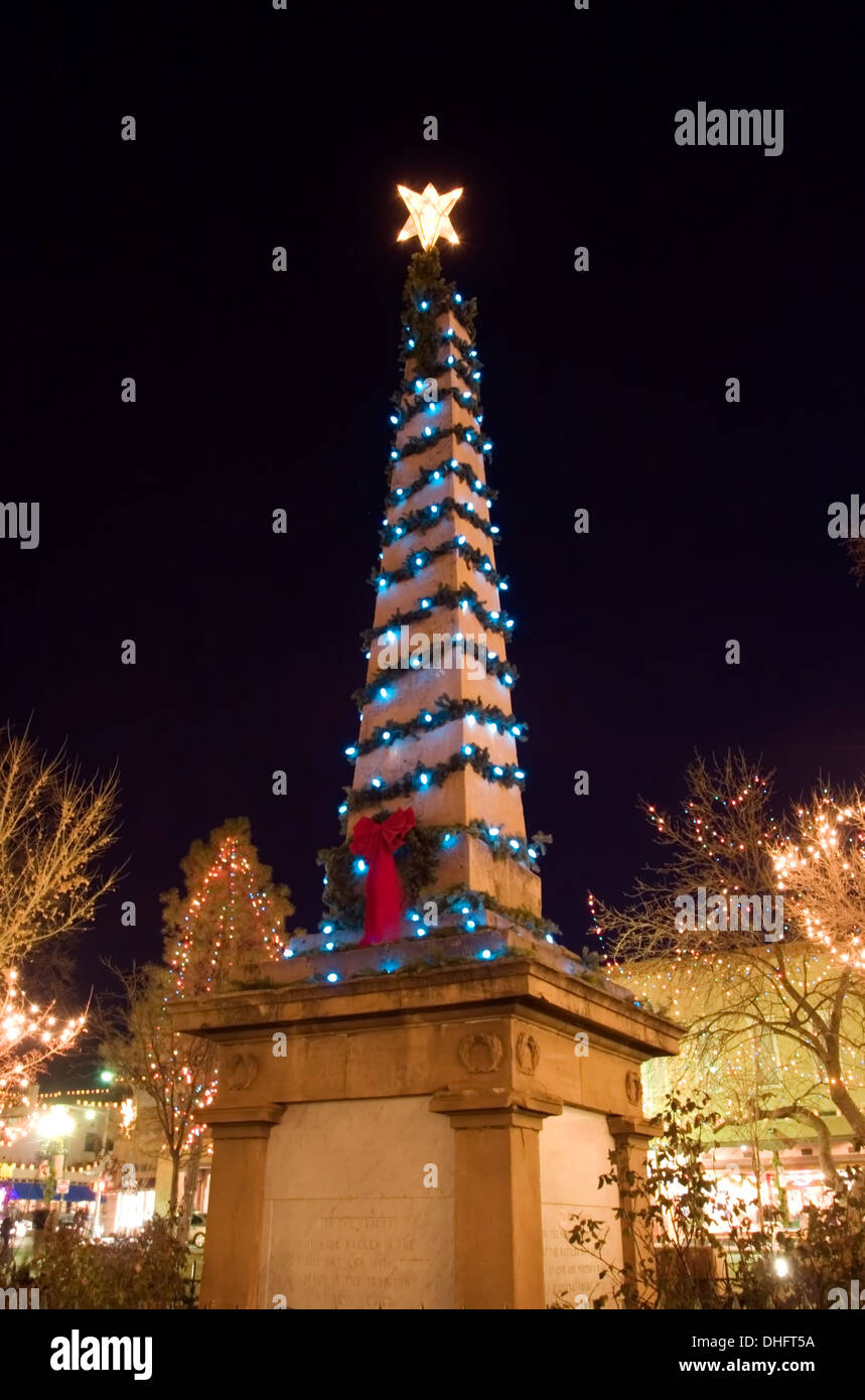 Santa Fe Plaza obelisk and Christmas lights, New Mexico USA Stock Photo ...