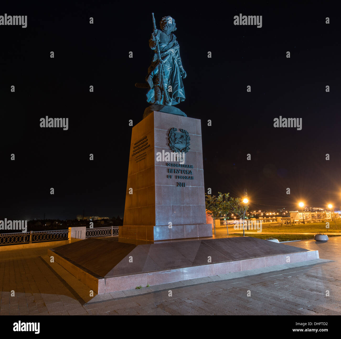 Monument to the founders of the city of Irkutsk, at night, on the banks ...