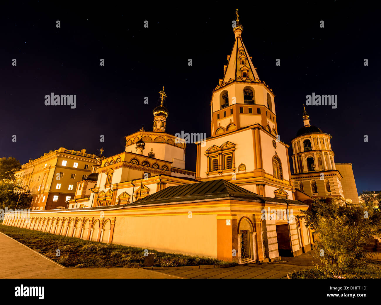 Cathedral of the Epiphany, Irkutsk, Russia at night. Rebuilt after a ...