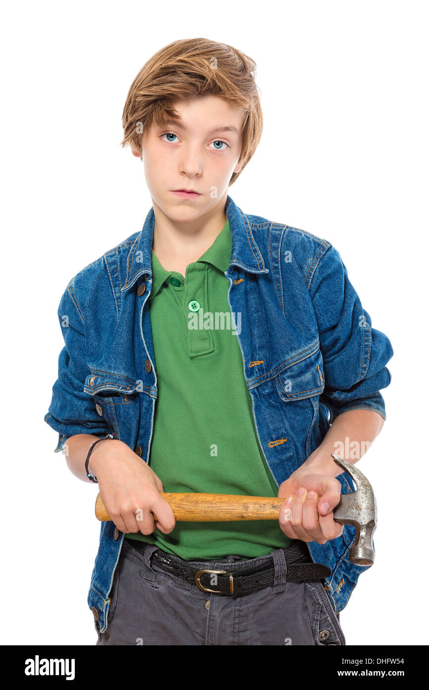 confident teenage boy holding a hammer on his shoulder, isolated on ...