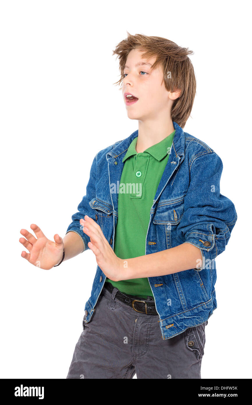 happy teenage boy singing with joy, isolated on white Stock Photo - Alamy