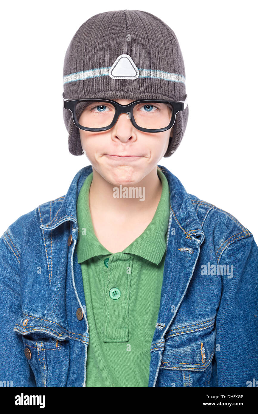 playful teenage boy makes strange gestures, isolated on white Stock ...