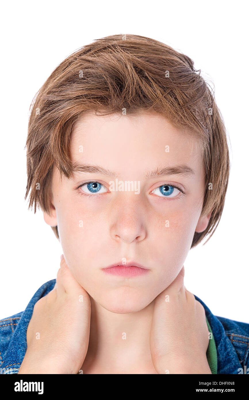 portrait of a cool handsome boy with his hands in the neck, isolated on ...