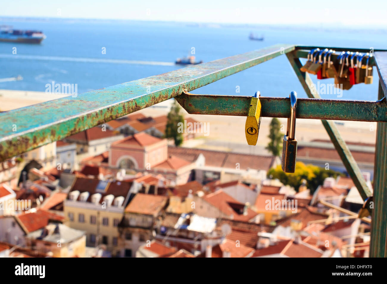 Love locks at one of the the "Miradouro" viewpoints in the central ...