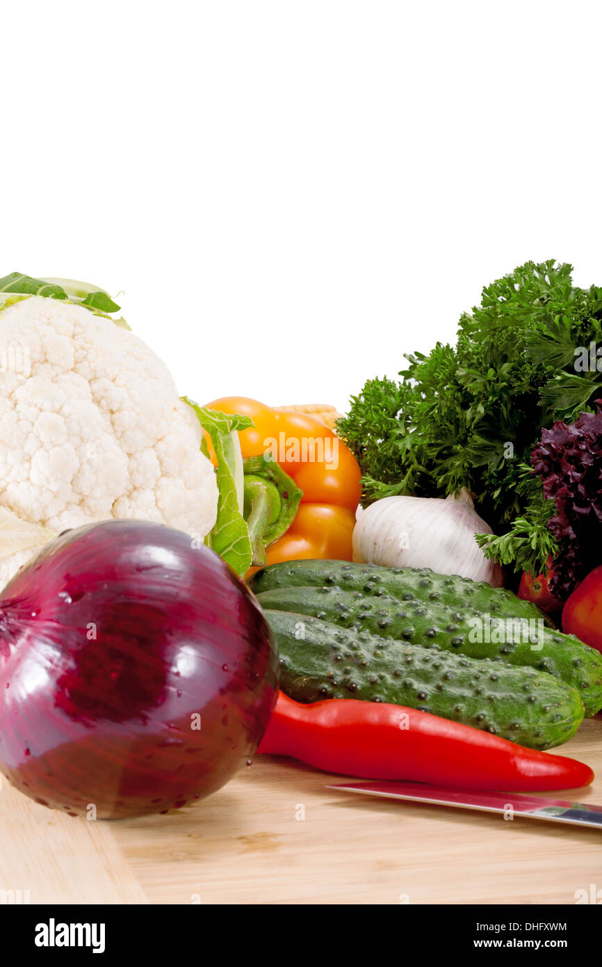 Tasty fresh vegetables for salad preparation isolated on white ...
