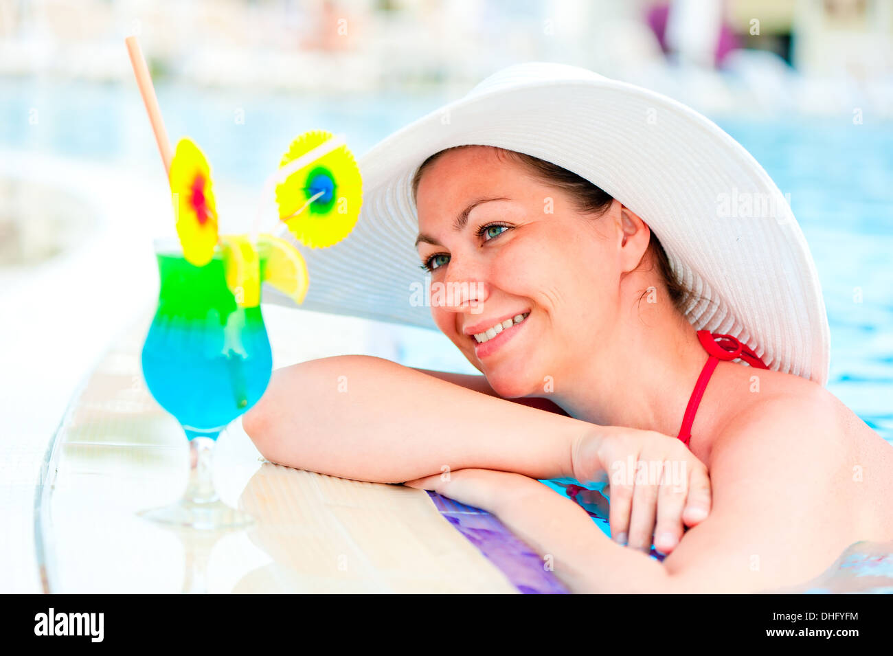 Woman edge pool water looking hi-res stock photography and images - Alamy