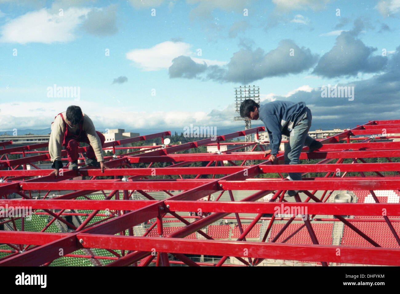 Turkish workers build the roof stand of the new Dinamo Tbilisi stadium ...