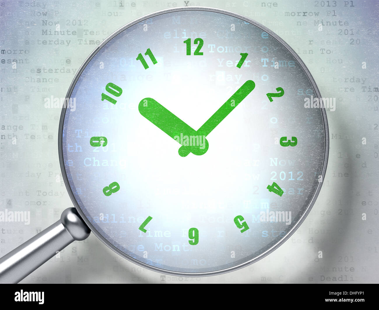 Timeline concept: Clock with optical glass on digital backgroun Stock ...