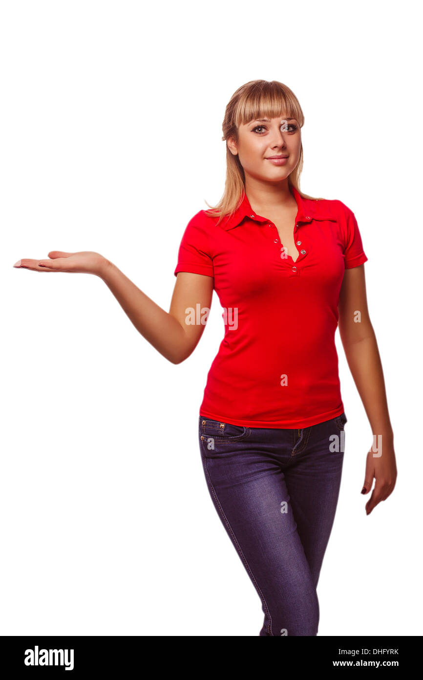 portrait girl happy young blond woman showing open hand holding in a ...