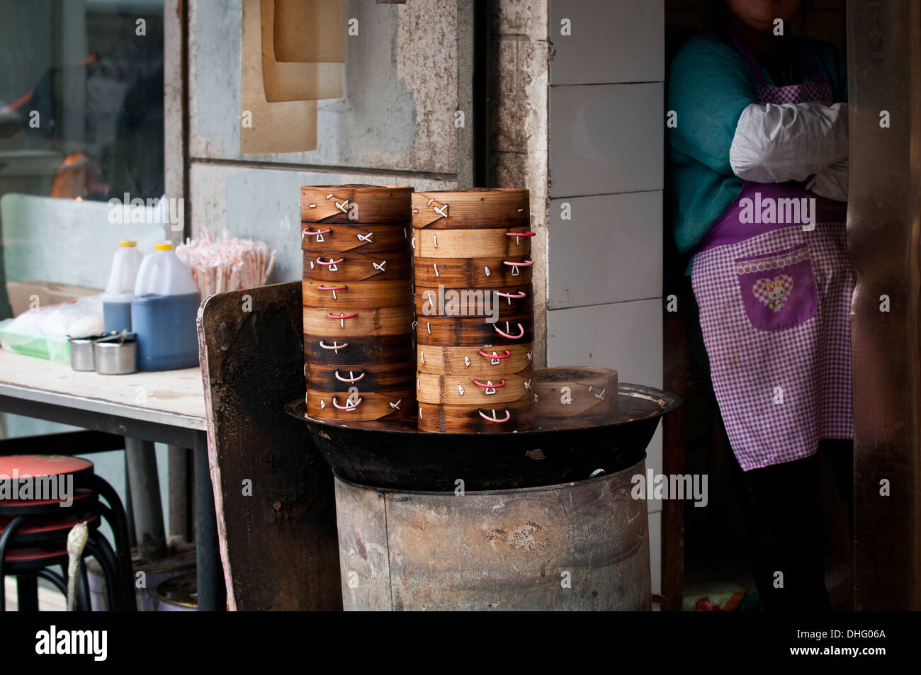 Empty dumplings bamboo baskets in small restaurant in Beijing, China ...