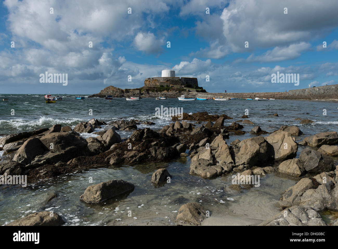 Fort Grey, colloquially known as the "cup and saucer", Rocquaine Bay in ...