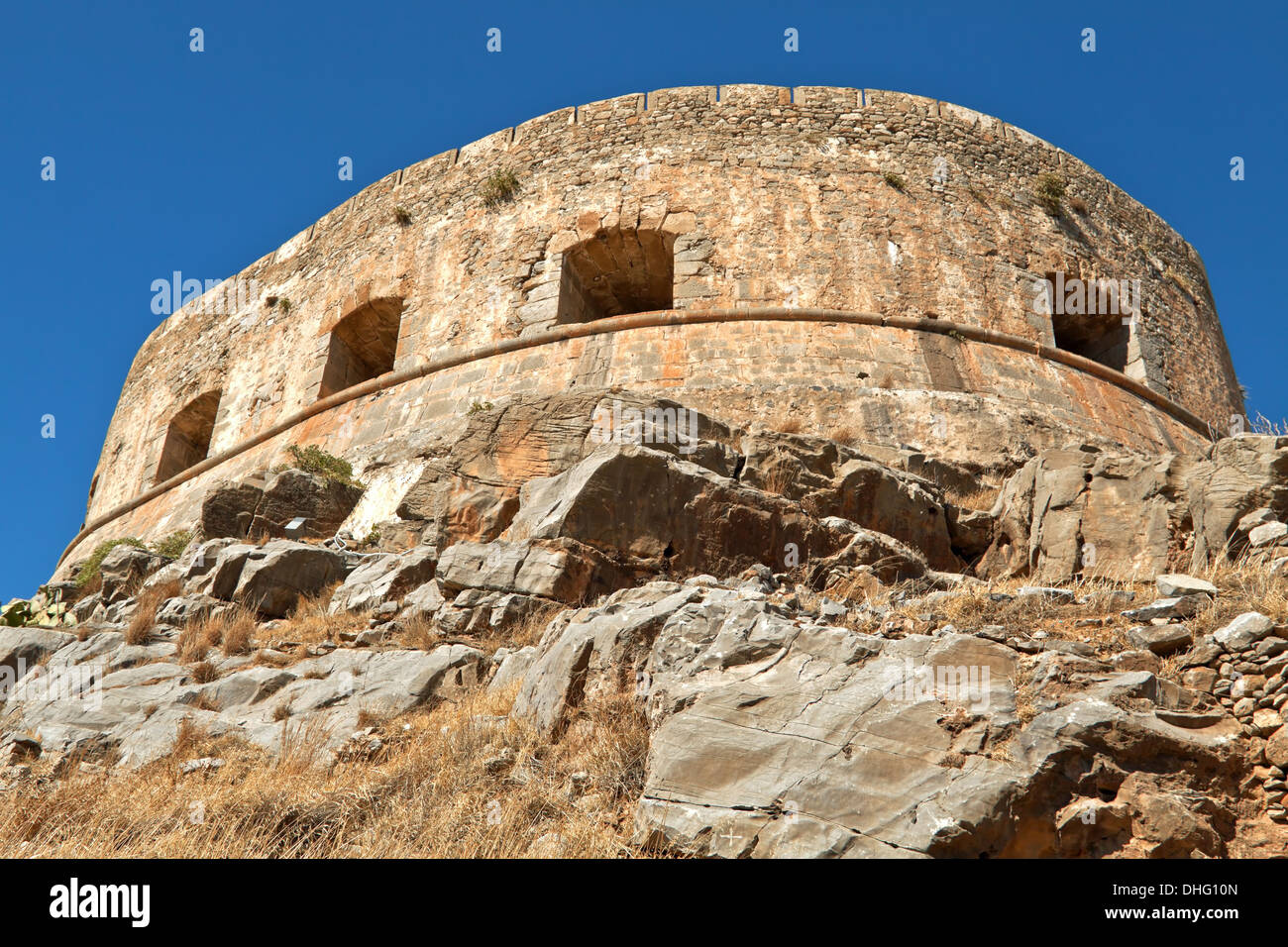 A view of the Venetian fortifications on the island of Spinalonga ...