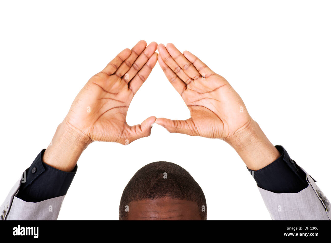 Male palms above head. Isolated on white Stock Photo - Alamy