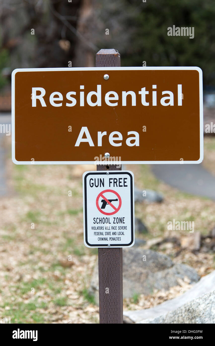 Residential Area & Gun Free signs, Yosemite Village, Yosemite National ...