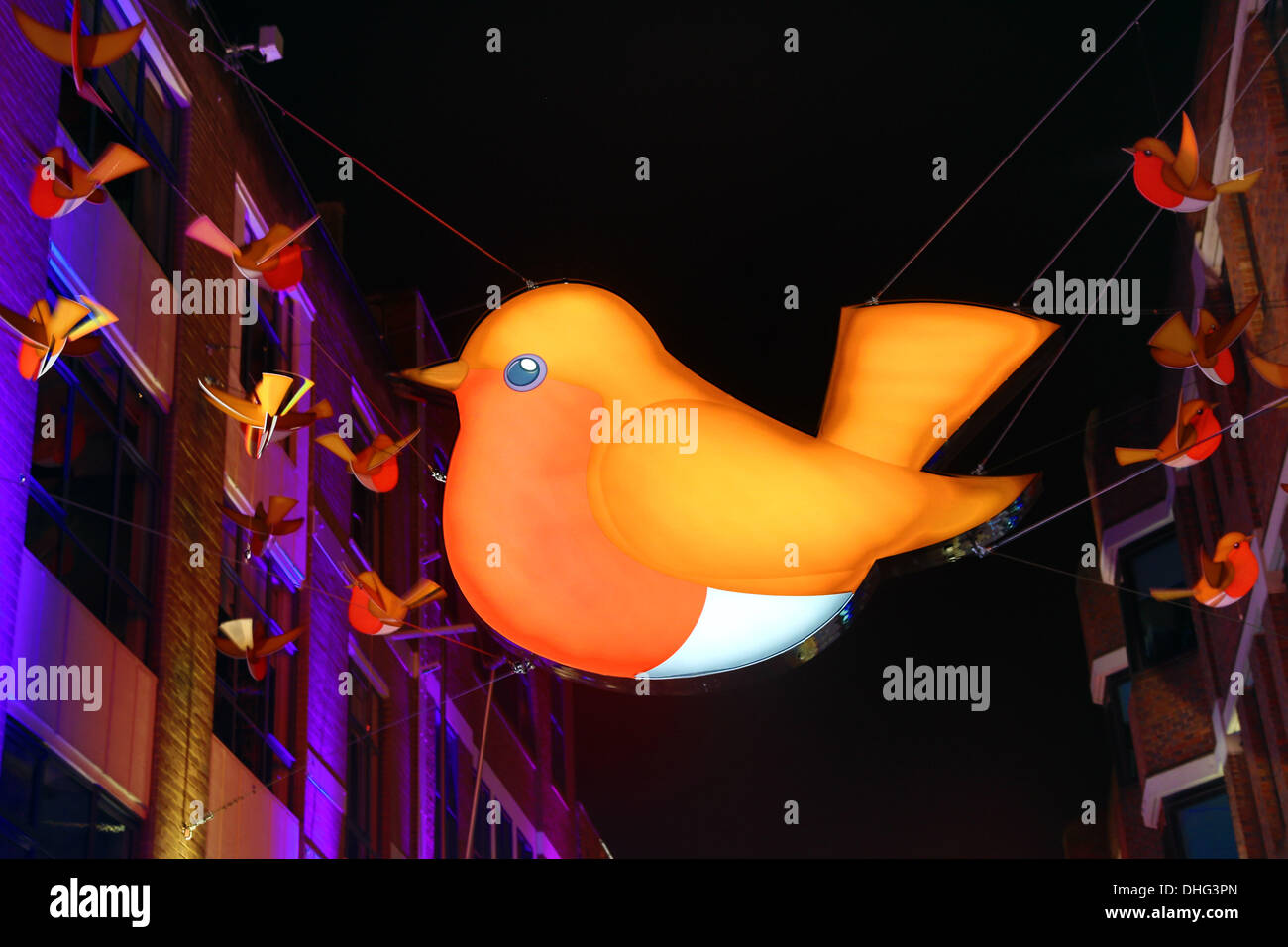 London, UK. 9th November 2013. Carnaby Street Robin Christmas Lights ...