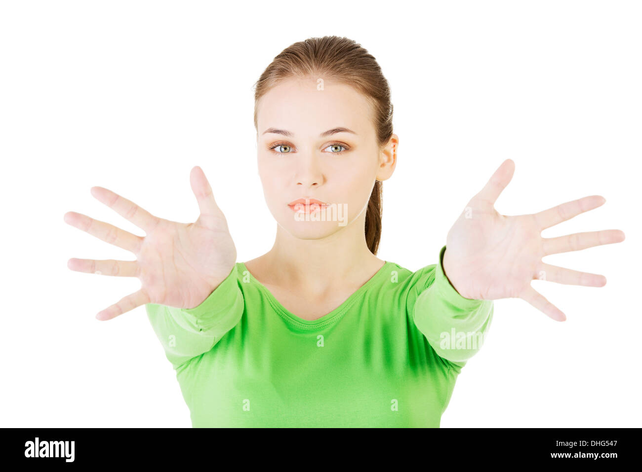 Beautiful Woman Showing Hands Palms Isolated Stock Photos & Beautiful ...