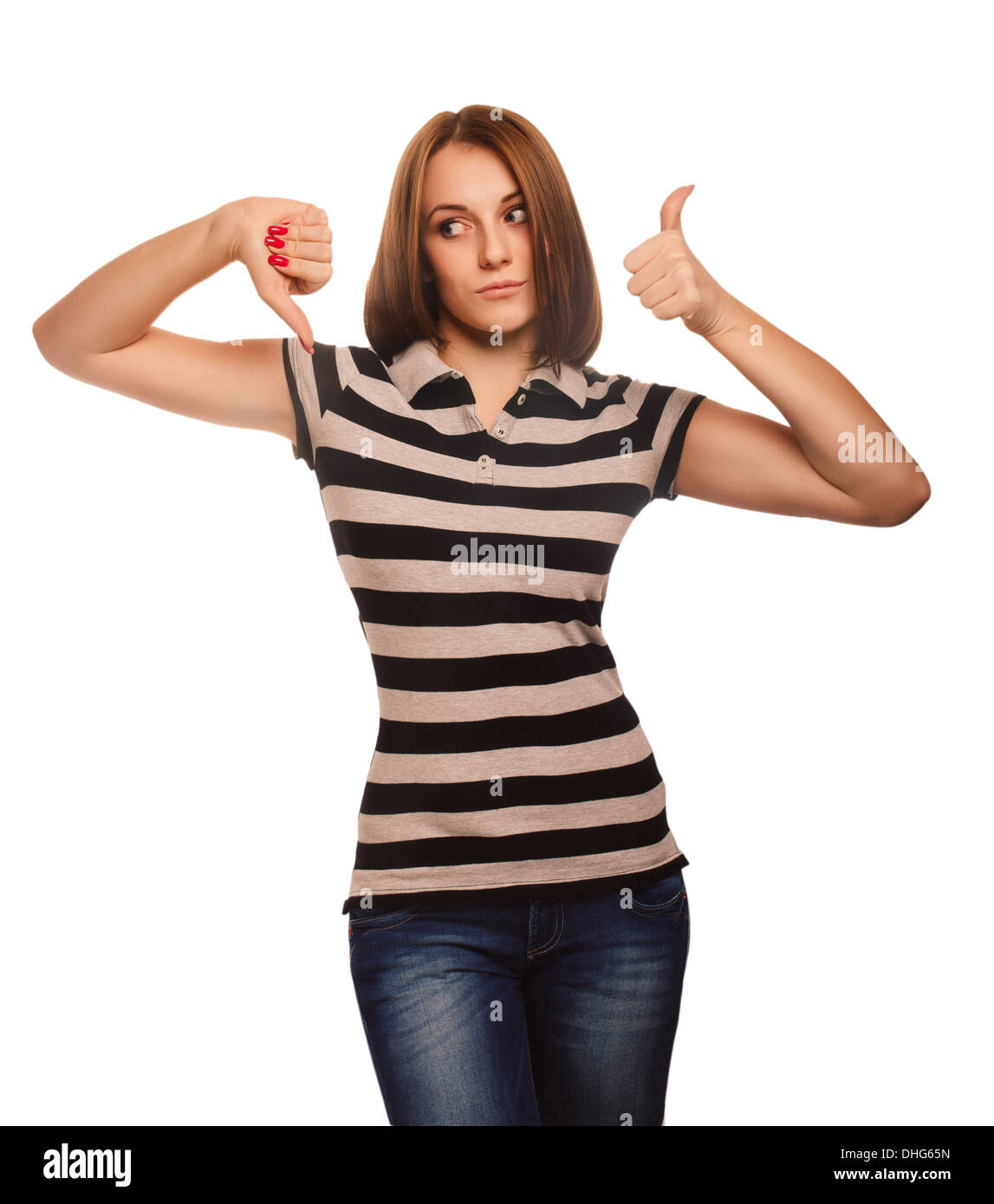 girl woman shows signs of yes and no, hand fingers isolated on white ...
