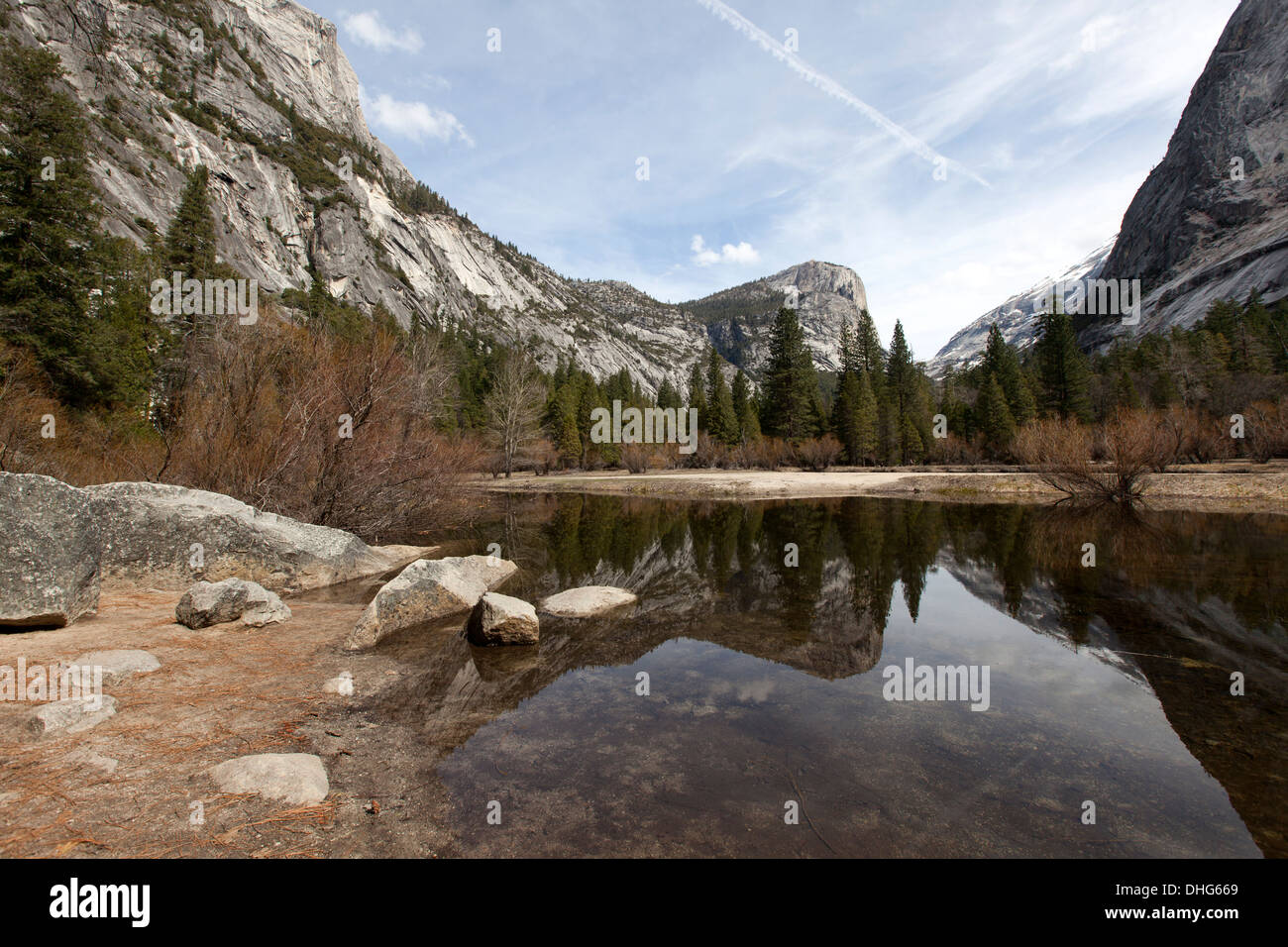 North Dome reflected in Mirror Lake, Yosemite National Park, California ...