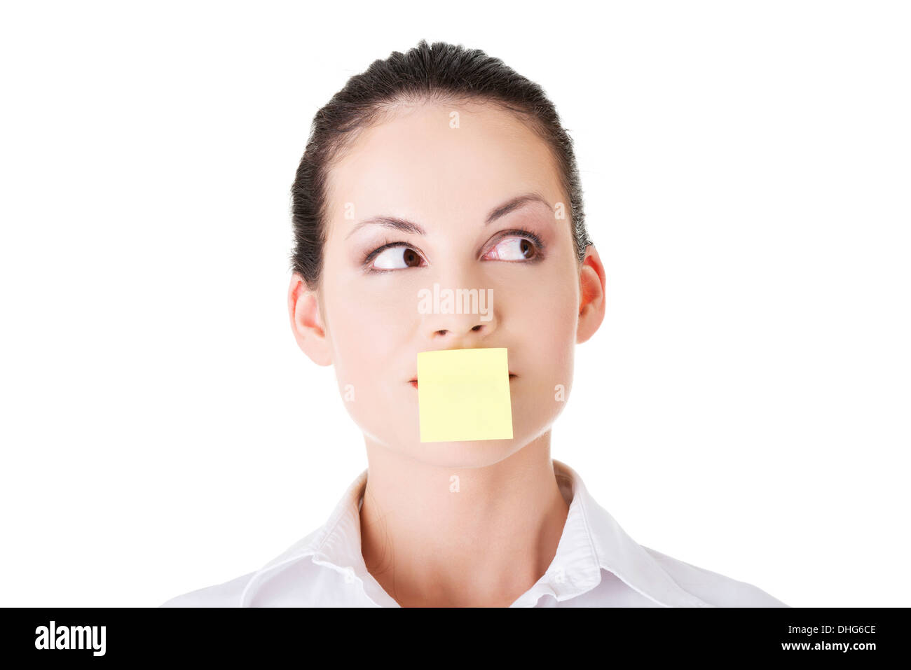 Attractive woman's face with empty card on lips. Isolated on white ...