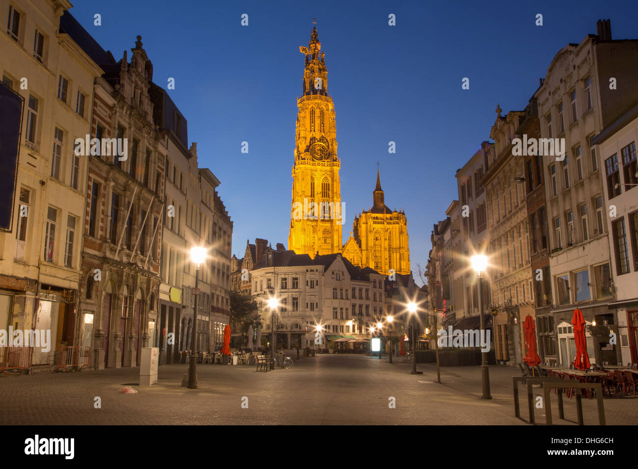 Antwerp - cathedral of Our Lady and Suikerrui street in morning dusk ...