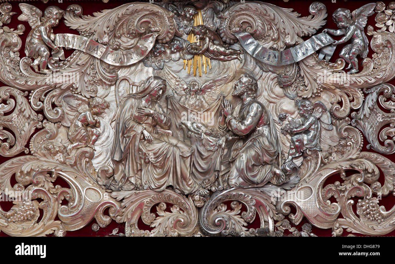 ANTWERP - SEPTEMBER 4: Baroque metal relief of Nativity scene on altar ...