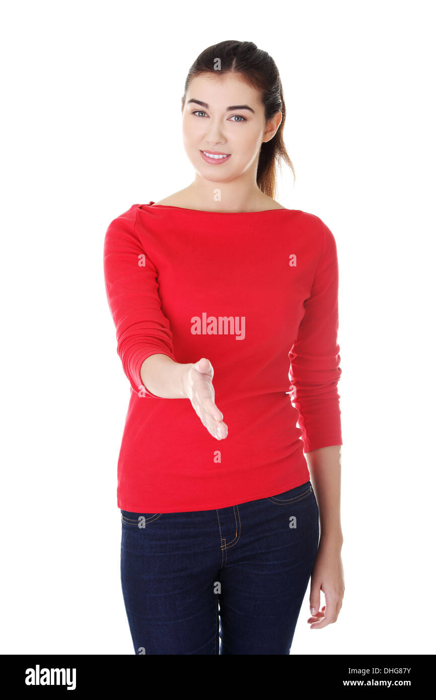 Attractive woman giving a hand. Isolated on white Stock Photo - Alamy