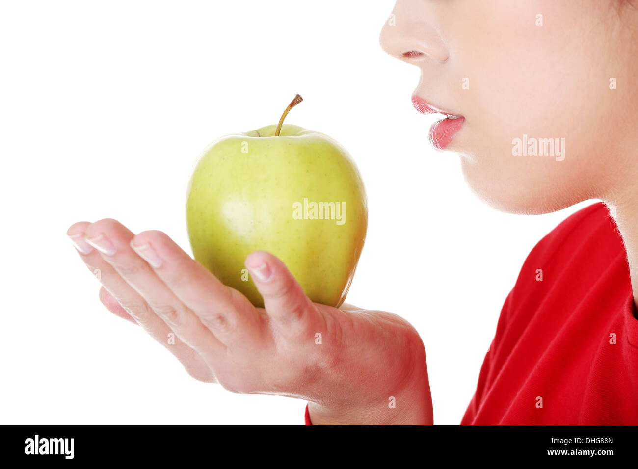 Closeup woman's mouth and apple. isolated on white Stock Photo - Alamy