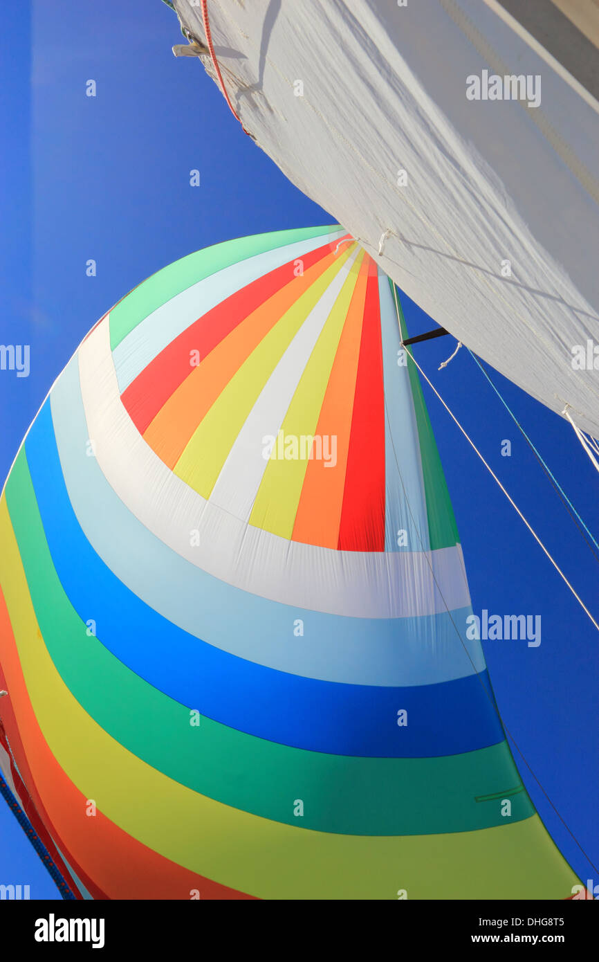 The wind has filled the spinnaker on sailing yacht. Detail of a ...