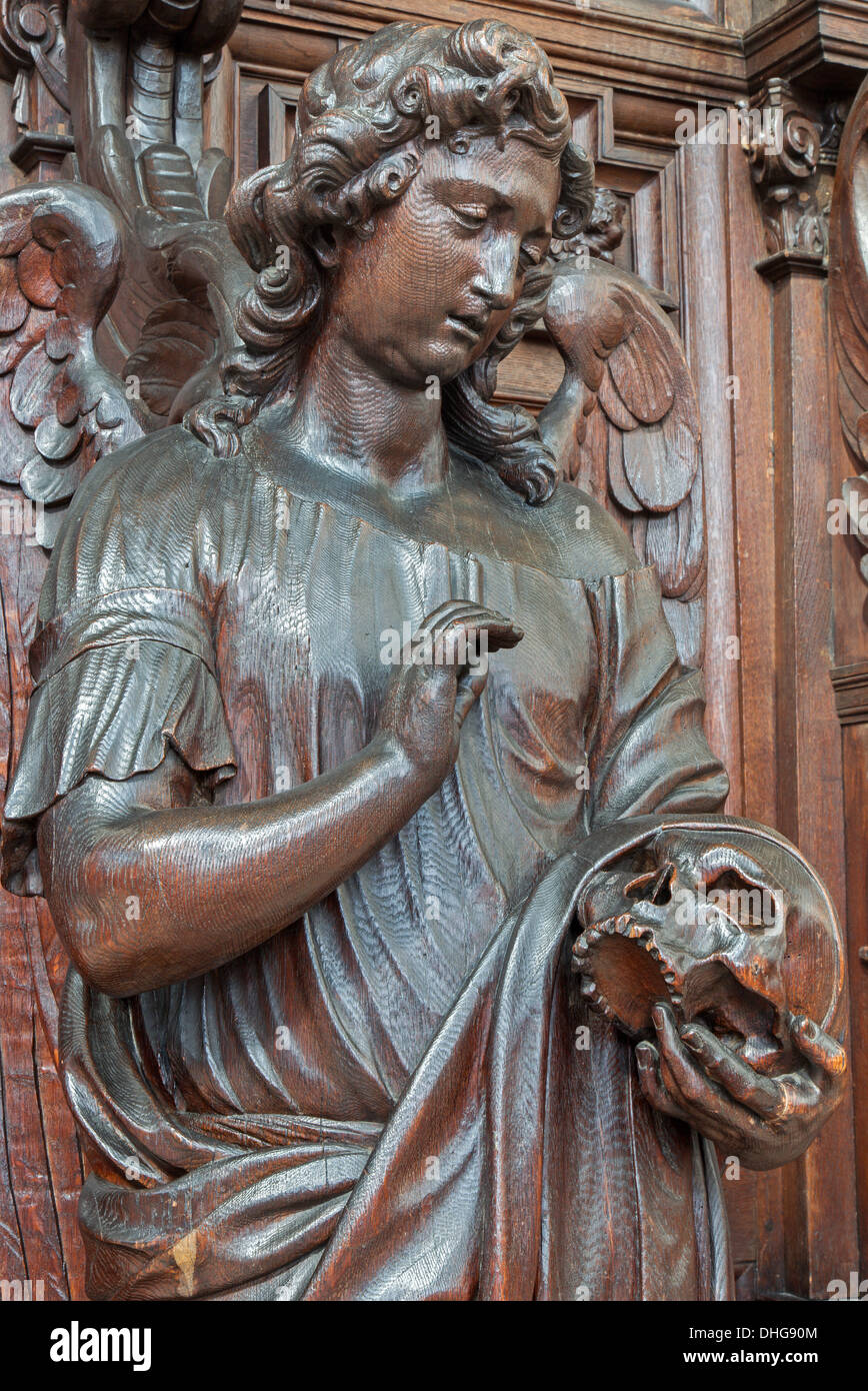 ANTWERP, BELGIUM - SEPTEMBER 5: Carved statue of angel with the skull ...