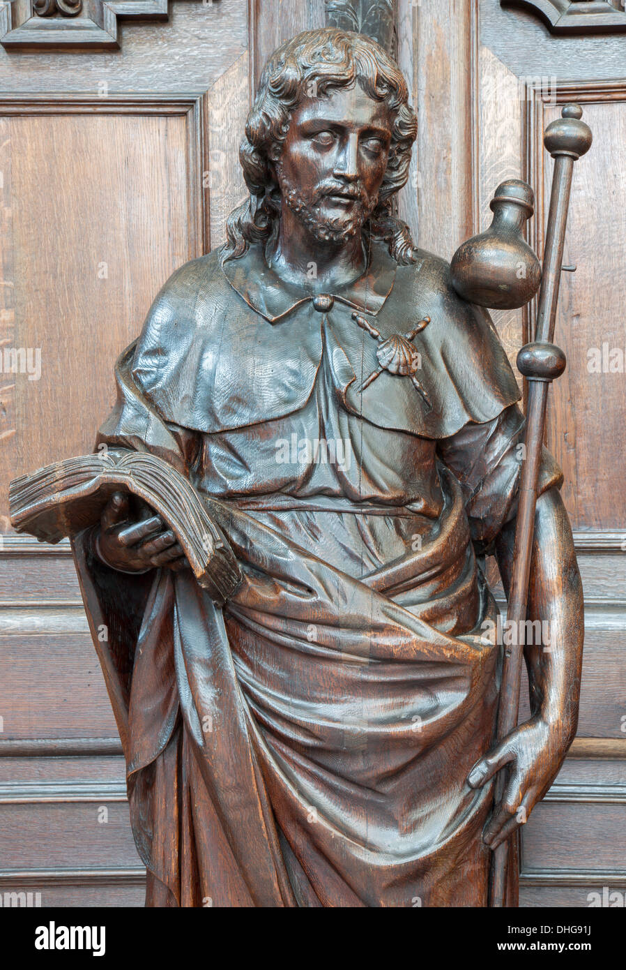 ANTWERP, BELGIUM - SEPTEMBER 5: Carved statue of st. Jacob the apostle ...