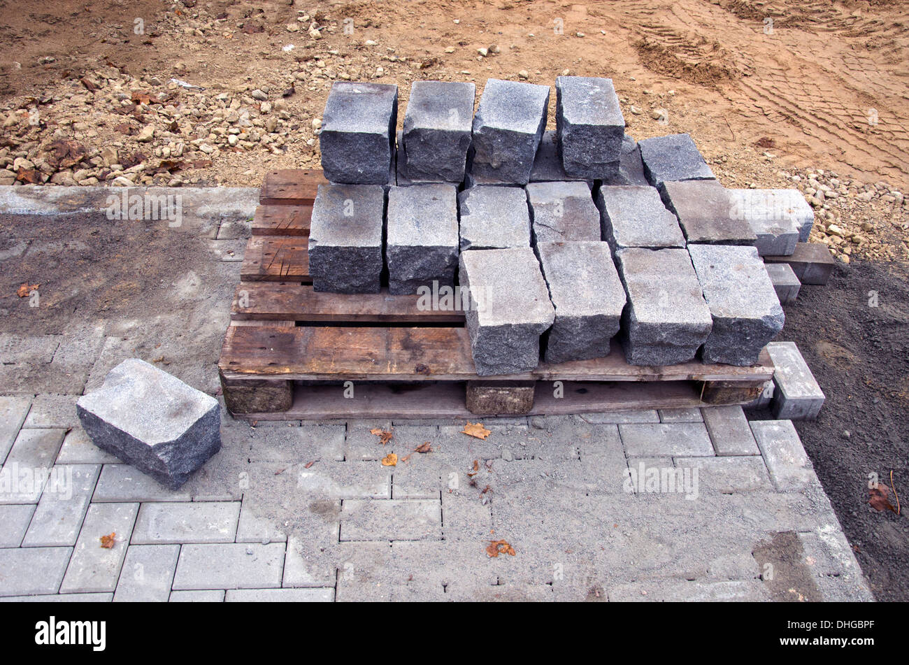 urban pavement sidewalk repair work place with bricks Stock Photo - Alamy