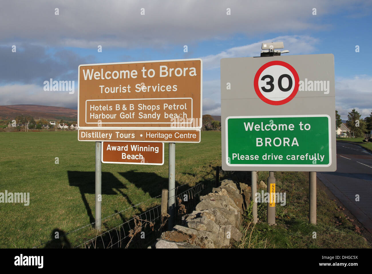 Welcome to Brora sign Scotland November 2013 Stock Photo - Alamy