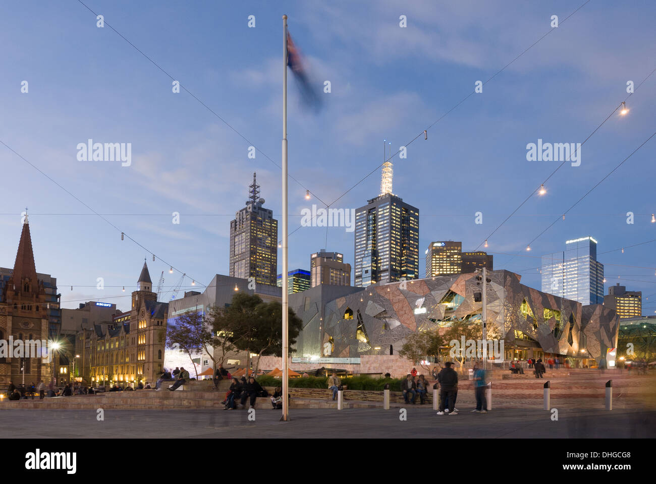 Federation square and the melbourne skyline at night hi-res stock ...