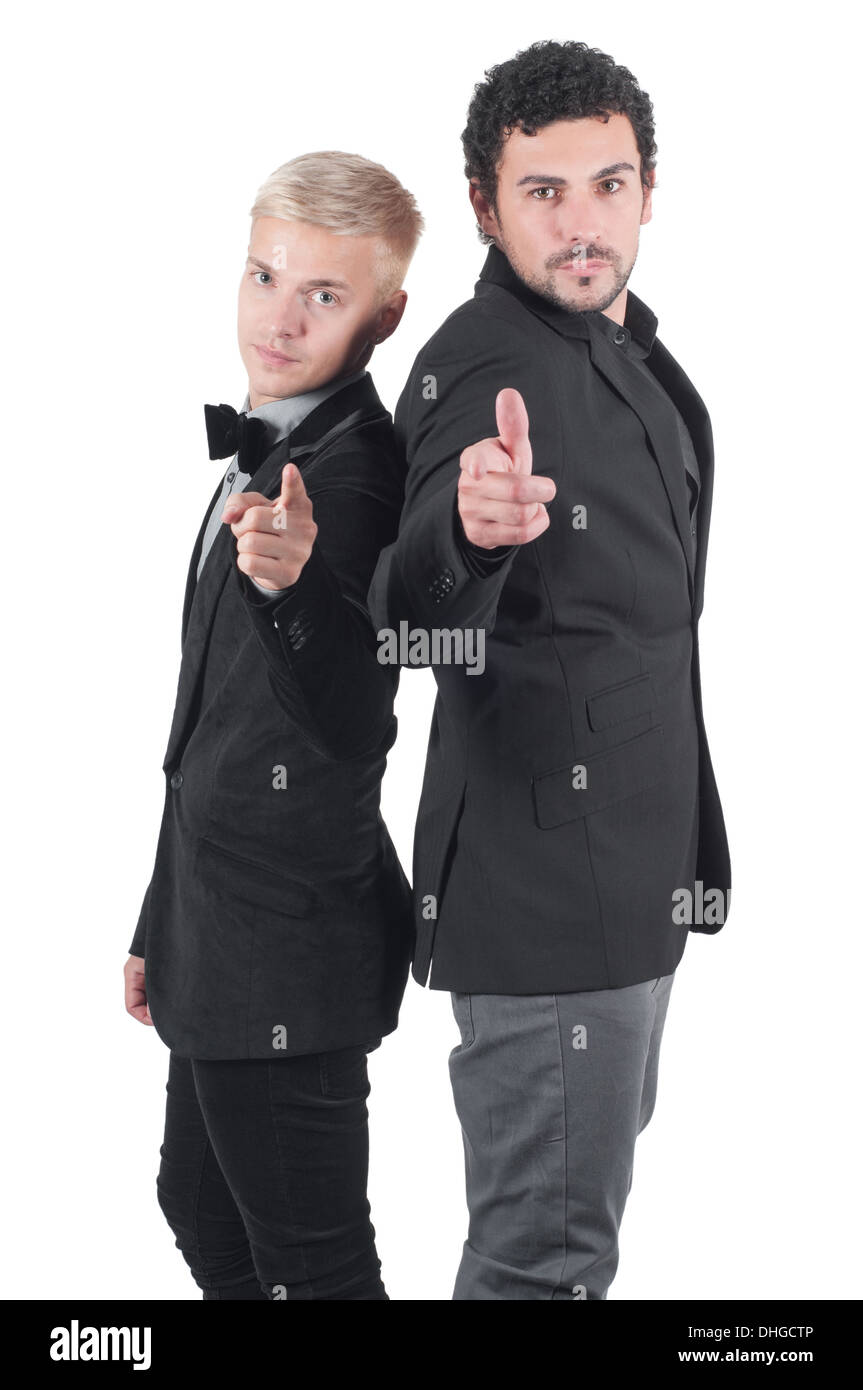Two white men pointing with their fingers Stock Photo - Alamy