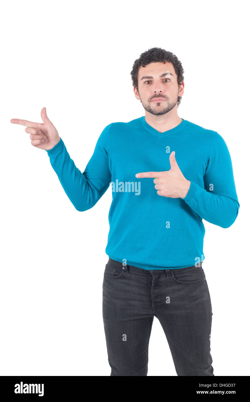 Man in blue pointing with his fingers Stock Photo - Alamy