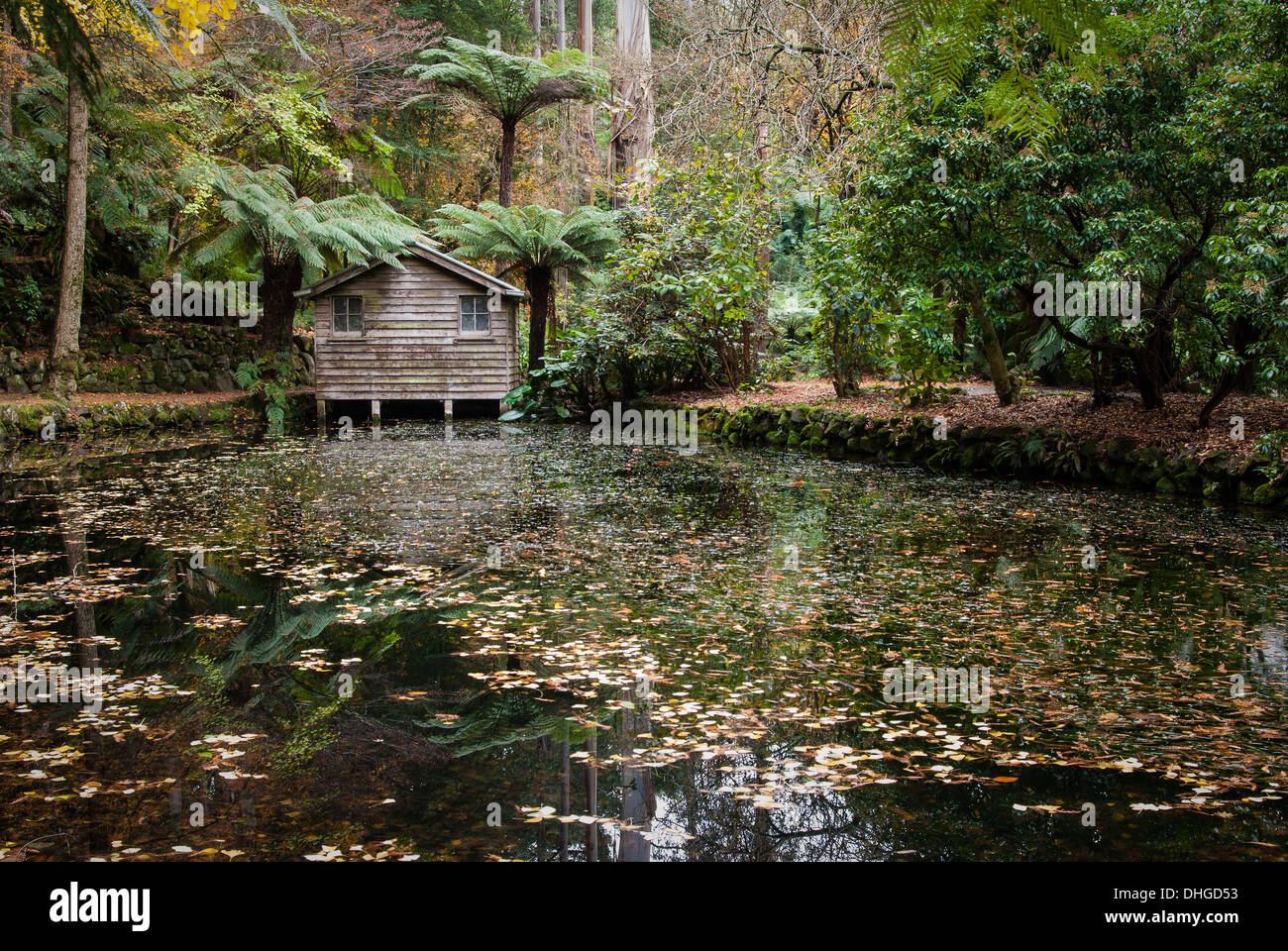 Lake and boat shed Stock Photo - Alamy