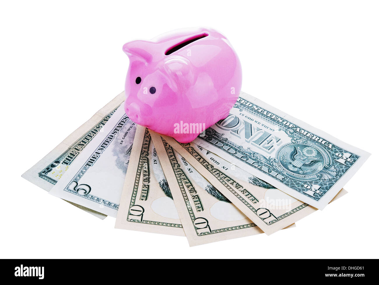 Pink piggy bank with banknotes isolated on white background Stock Photo ...