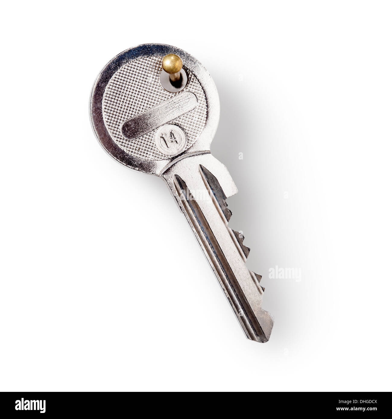 House key with number hanging on nail, white background, clipping path ...