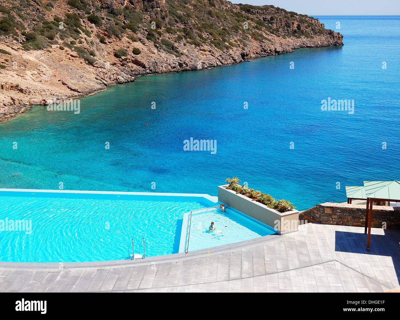 Swimming pool with sea view at the luxury hotel, Crete, Greece Stock ...