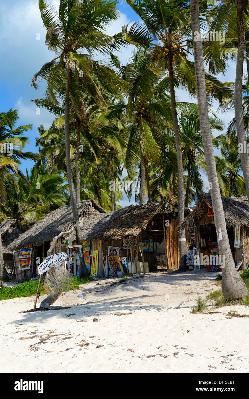 African art for sale from traditional Makuti huts on Bwejuu Beach ...