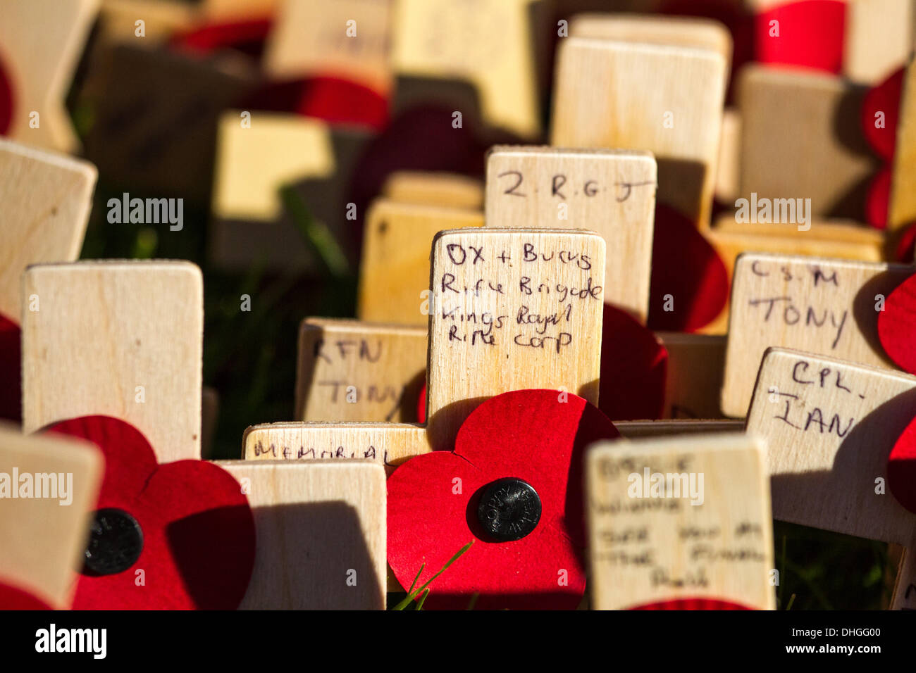 Crosses at the Dover war memorial show the names of loved ones ...