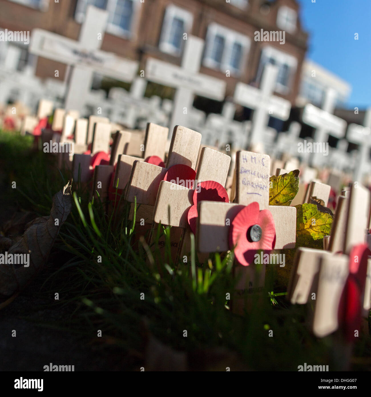 Crosses adorned with poppies and the names of serviceman at the Dover ...