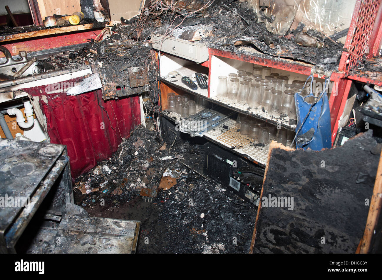 Burnt out club bar pub fire arson charred insurance Stock Photo - Alamy