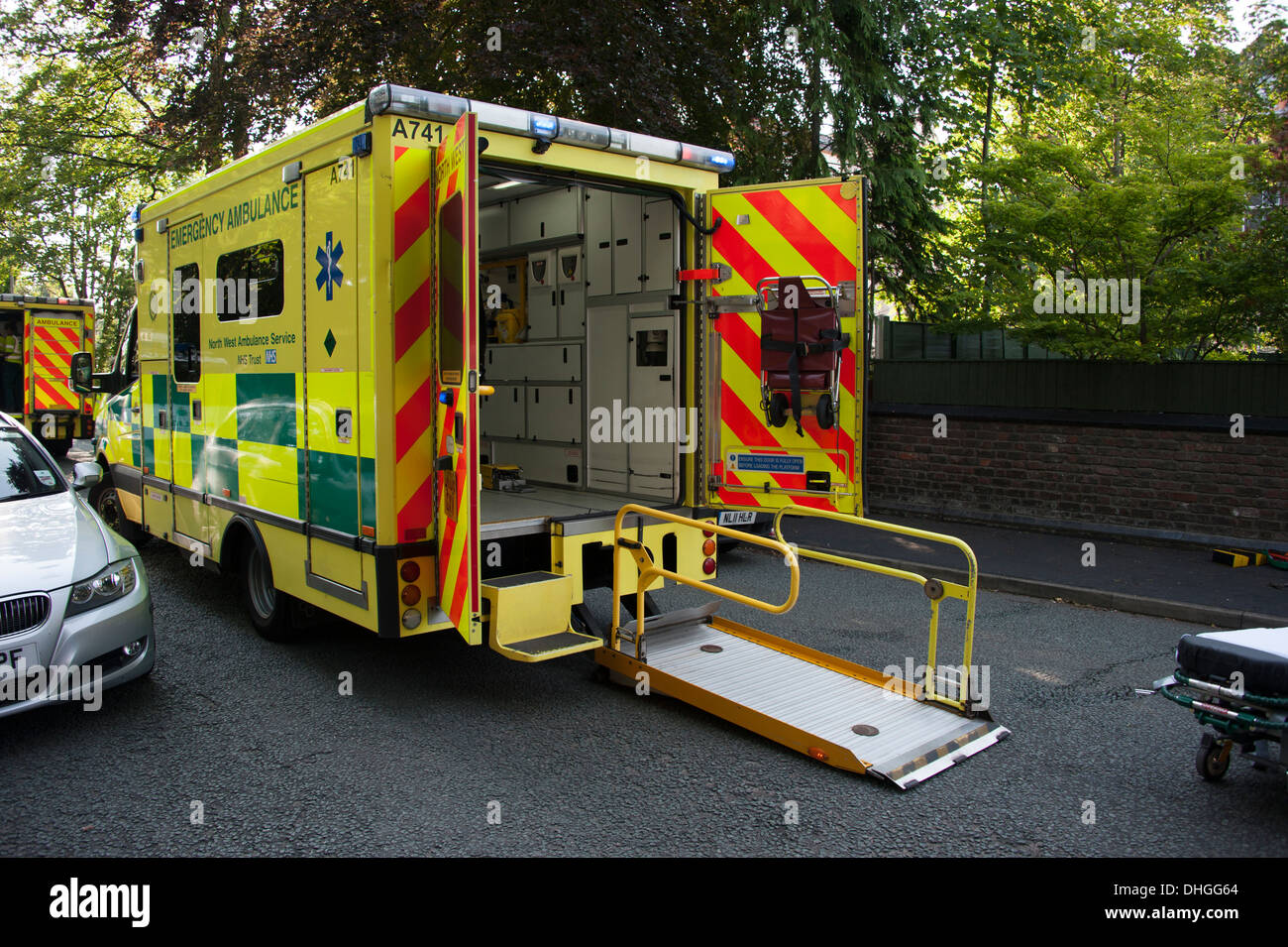 Empty Ambulance Loading Hoist Lift at Car Crash RTA RTC Stock Photo - Alamy