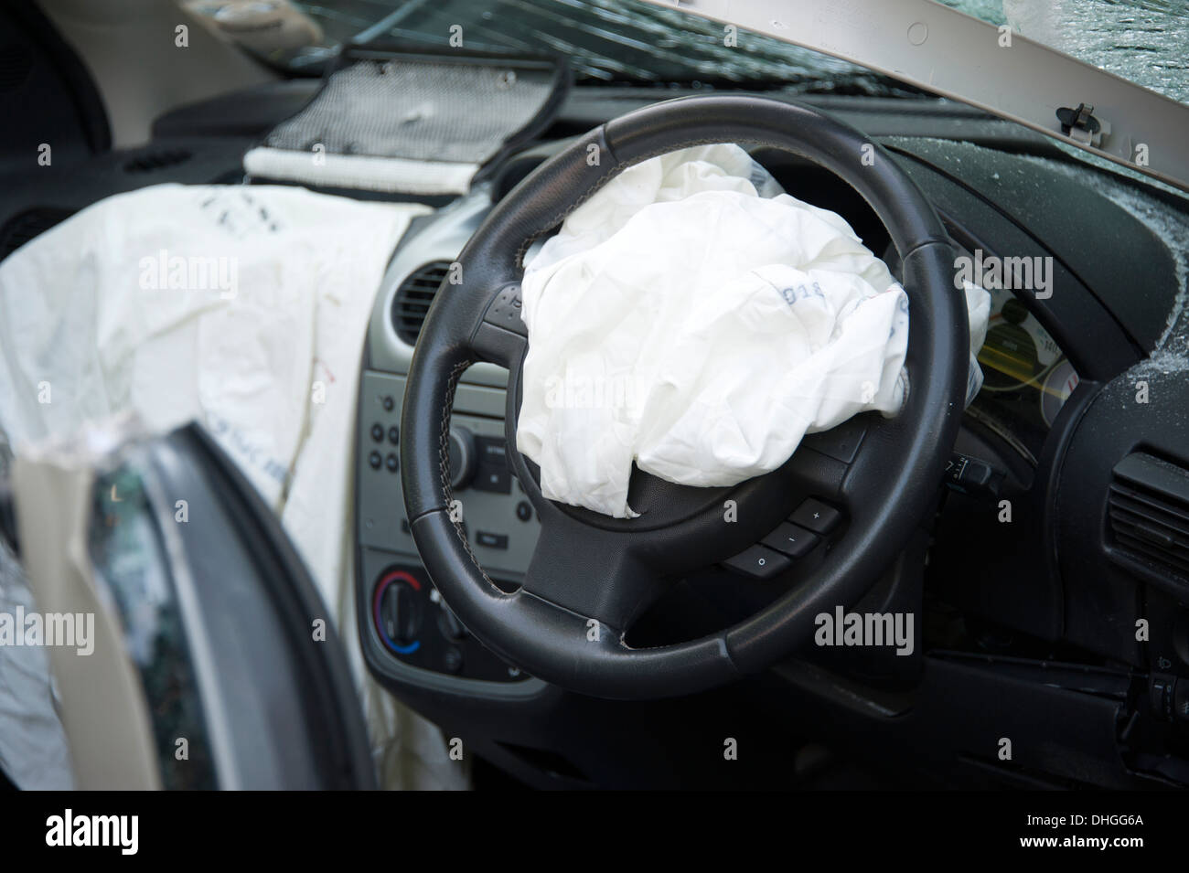 Car crashed RTA RTC Airbags Deployed roof removed cut off Stock Photo ...