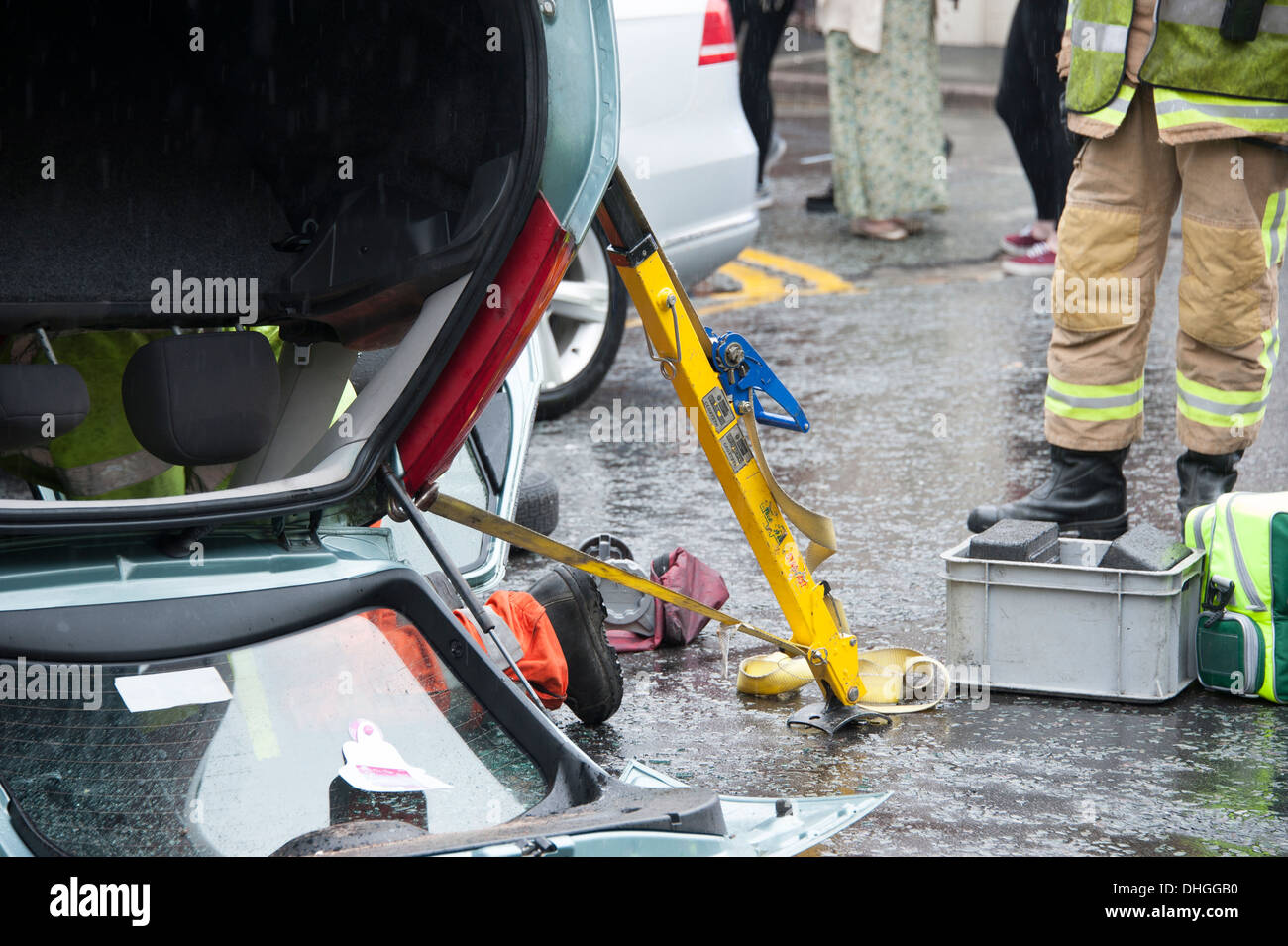 Car Crash overturned on roof rescue Stabilization Stock Photo - Alamy