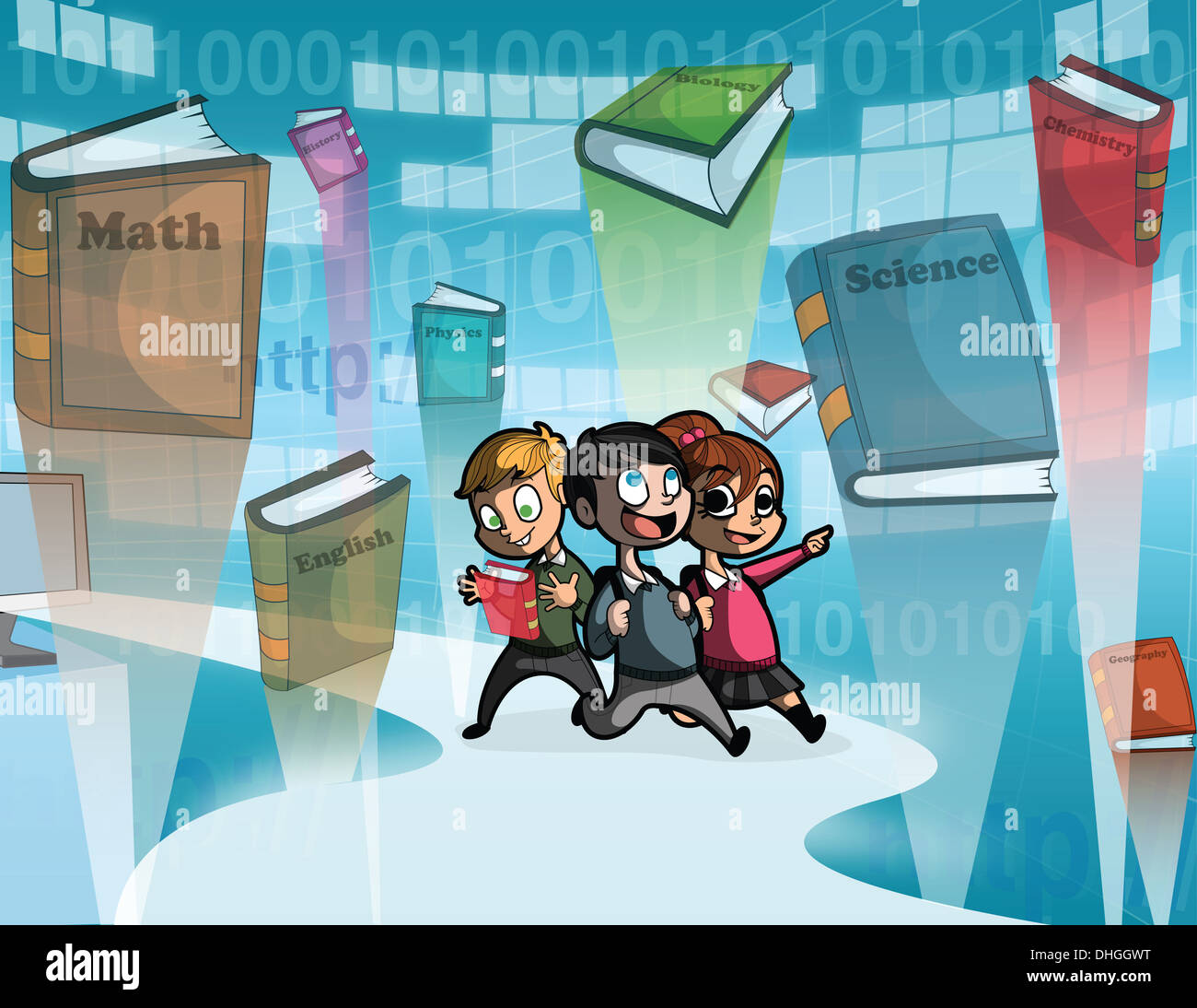 Illustrative image of children and books against binary code ...