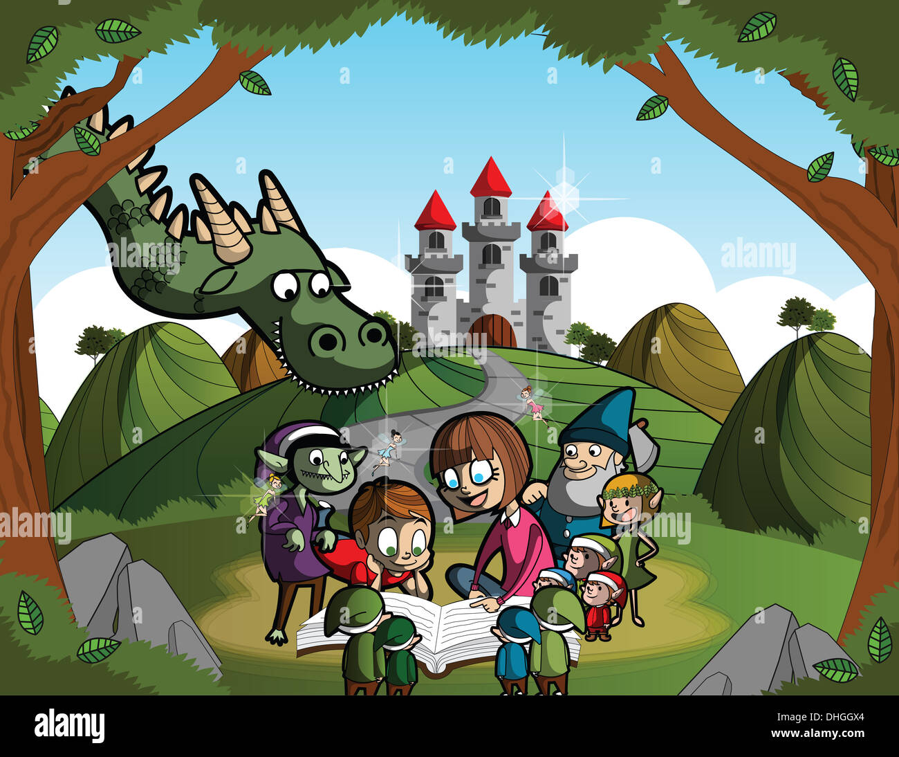 Children with story characters representing bedtime stories Stock Photo ...